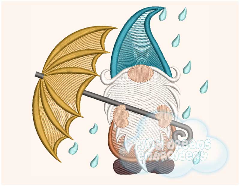 Rain gnome with umbrella embroidery design - Tiny Dreams Embroidery