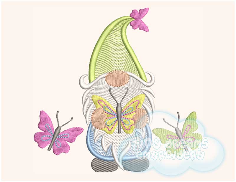 Butterflies spring gnome embroidery design - Tiny Dreams Embroidery