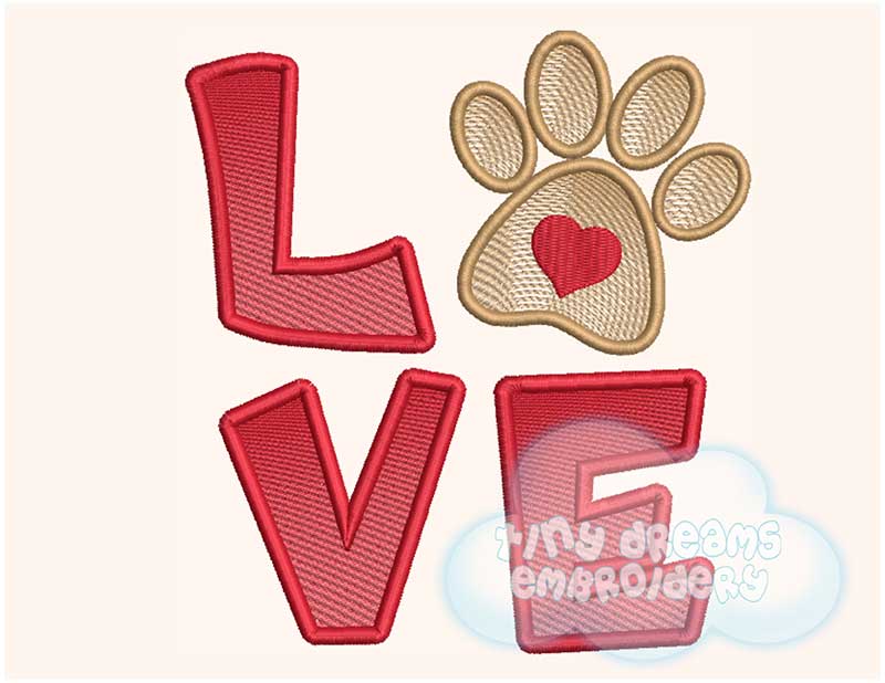 Love dog paw print embroidery design - Tiny Dreams Embroidery